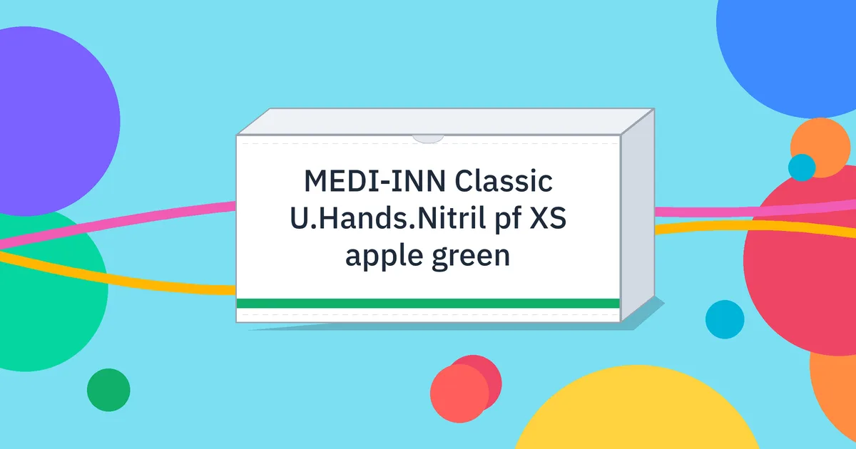 Symbolbild: Packung mit der Aufschrift MEDI-INN Classic U.Hands.Nitril pf XS apple green (PZN 18445205) – Verfügbarkeit und Bezug in Apotheken in Frankfurt am Main