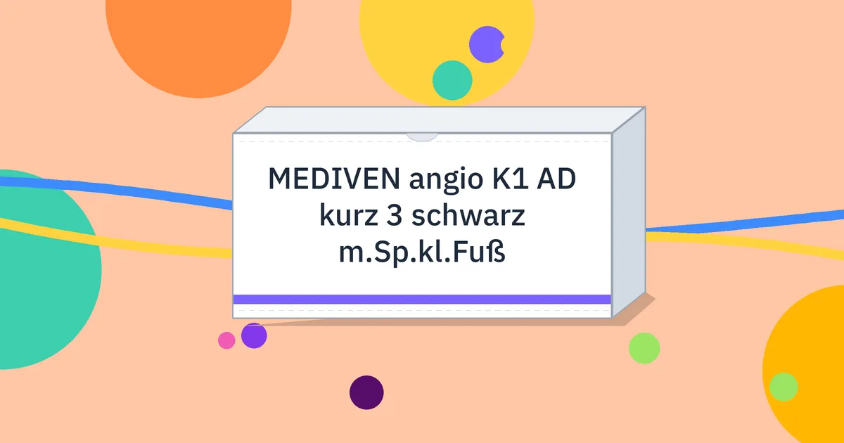Symbolbild: Packung mit der Aufschrift MEDIVEN angio K1 AD kurz 3 schwarz m.Sp.kl.Fuß (PZN 17210434) – Verfügbarkeit und Bezug in Apotheken in Frankfurt am Main