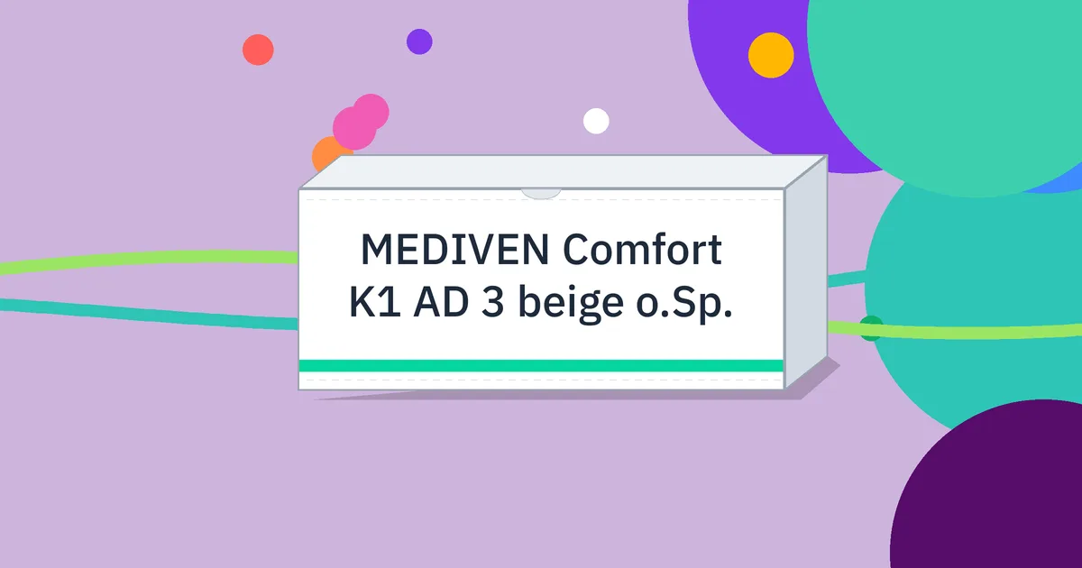 Symbolbild: Packung mit der Aufschrift MEDIVEN Comfort K1 AD 3 beige o.Sp. (PZN 14559337) – Verfügbarkeit und Bezug in Apotheken in Frankfurt am Main