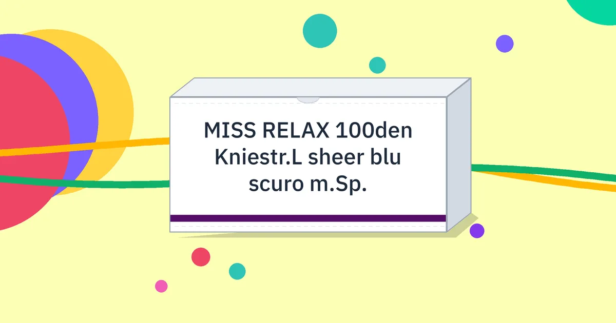 Symbolbild: Packung mit der Aufschrift MISS RELAX 100den Kniestr.L sheer blu scuro m.Sp. (PZN 04269590) – Verfügbarkeit und Bezug in Apotheken in Frankfurt am Main