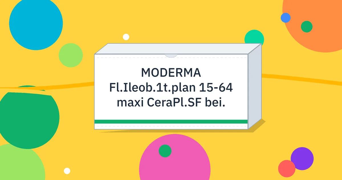 Symbolbild: Packung mit der Aufschrift MODERMA Fl.Ileob.1t.plan 15-64 maxi CeraPl.SF bei. (PZN 18108933) – Verfügbarkeit und Bezug in Apotheken in Frankfurt am Main