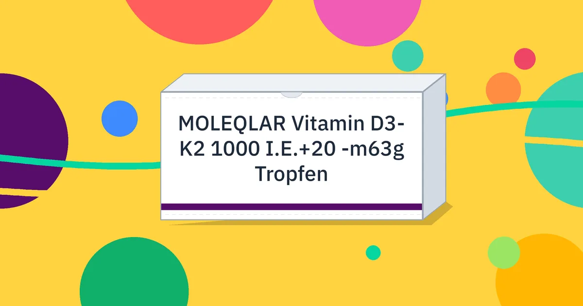Symbolbild: Packung mit der Aufschrift MOLEQLAR Vitamin D3-K2 1000 I.E.+20 -m63g Tropfen (PZN 19790849) – Verfügbarkeit und Bezug in Apotheken in Frankfurt am Main