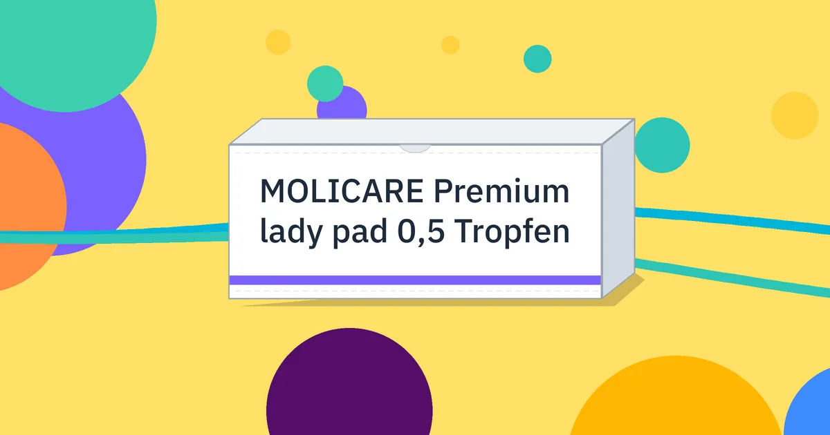 Symbolbild: Packung mit der Aufschrift MOLICARE Premium lady pad 0,5 Tropfen (PZN 15424668) – Verfügbarkeit und Bezug in Apotheken in Frankfurt am Main