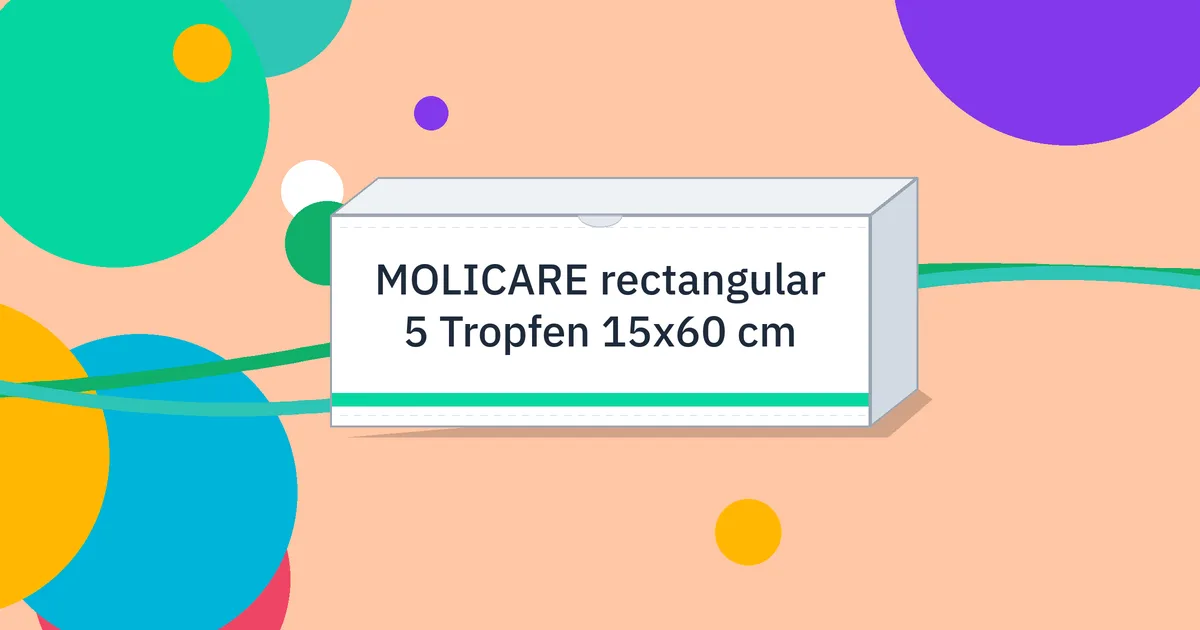 Symbolbild: Packung mit der Aufschrift MOLICARE rectangular 5 Tropfen 15x60 cm (PZN 16011394) – Verfügbarkeit und Bezug in Apotheken in Frankfurt am Main