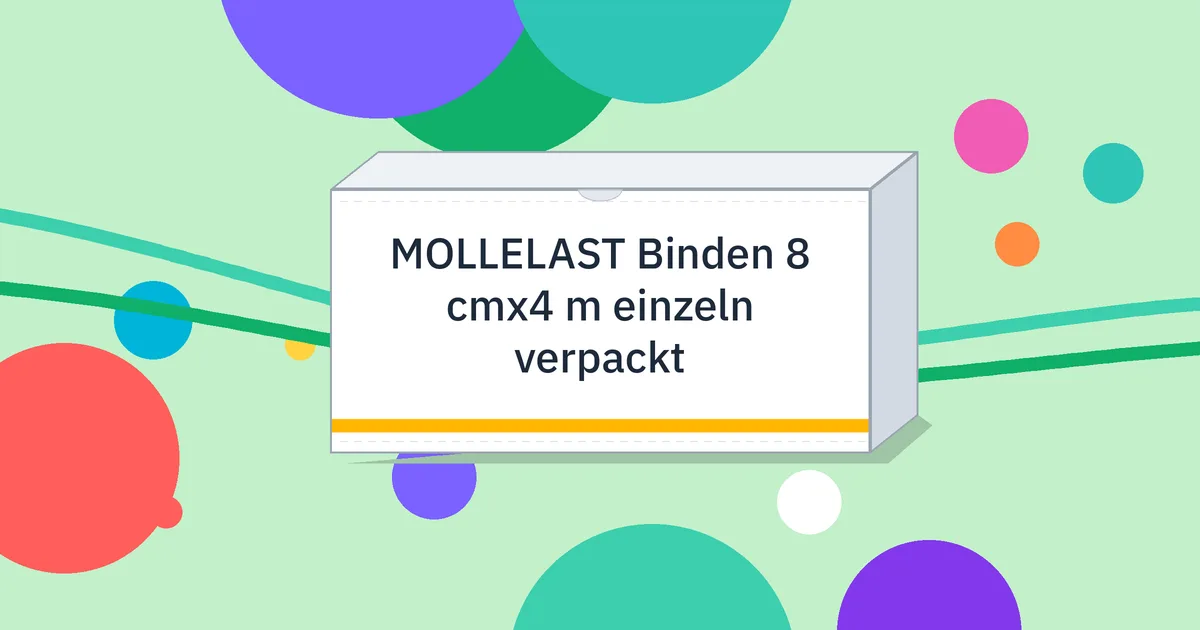 Symbolbild: Packung mit der Aufschrift MOLLELAST Binden 8 cmx4 m einzeln verpackt (PZN 16123555) – Verfügbarkeit und Bezug in Apotheken in Frankfurt am Main