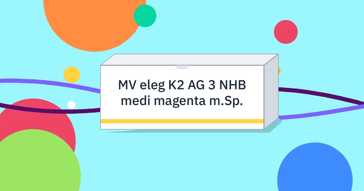 Symbolbild: Packung mit der Aufschrift MV eleg K2 AG 3 NHB medi magenta m.Sp. (PZN 15730425) – Verfügbarkeit und Bezug in Apotheken in Frankfurt am Main