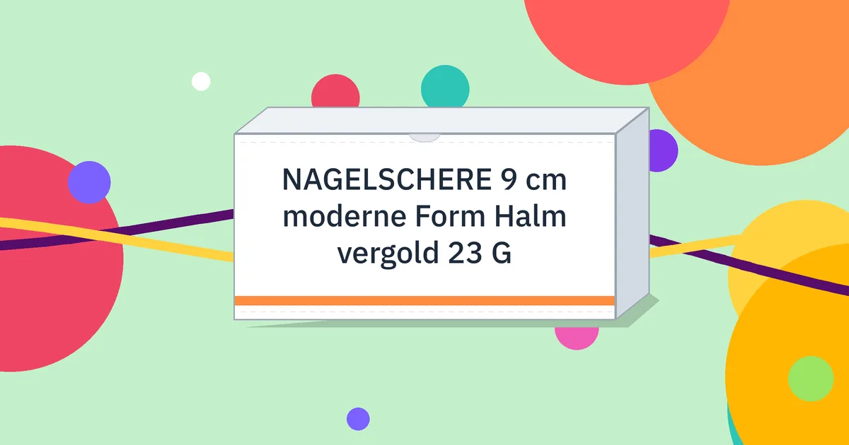 Symbolbild: Packung mit der Aufschrift NAGELSCHERE 9 cm moderne Form Halm vergold 23 G (PZN 19283377) – Verfügbarkeit und Bezug in Apotheken in Frankfurt am Main