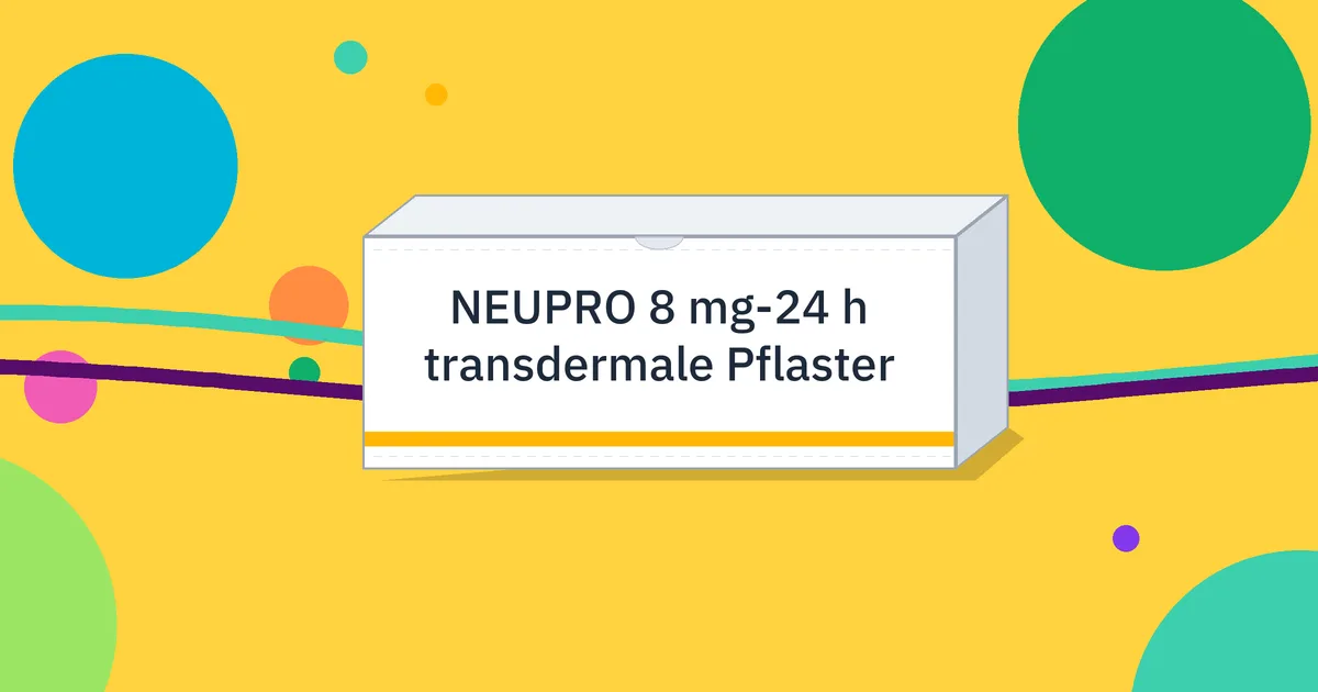 Symbolbild: Packung mit der Aufschrift NEUPRO 8 mg-24 h transdermale Pflaster (PZN 10393868) – Verfügbarkeit und Bezug in Apotheken in Frankfurt am Main