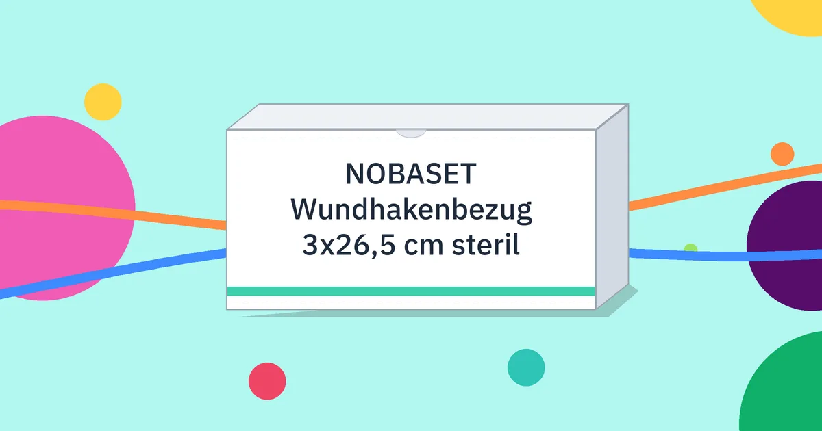 Symbolbild: Packung mit der Aufschrift NOBASET Wundhakenbezug 3x26,5 cm steril (PZN 18367847) – Verfügbarkeit und Bezug in Apotheken in Frankfurt am Main