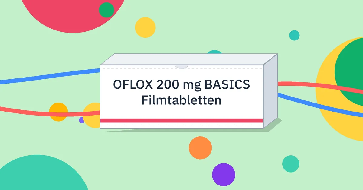 Symbolbild: Packung mit der Aufschrift OFLOX 200 mg BASICS Filmtabletten (PZN 05460195) – Verfügbarkeit und Bezug in Apotheken in Frankfurt am Main