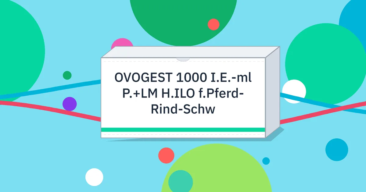 Symbolbild: Packung mit der Aufschrift OVOGEST 1000 I.E.-ml P.+LM H.ILO f.Pferd-Rind-Schw (PZN 07687649) – Verfügbarkeit und Bezug in Apotheken in Frankfurt am Main
