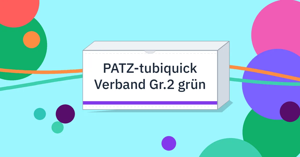 Symbolbild: Packung mit der Aufschrift PATZ-tubiquick Verband Gr.2 grün (PZN 06815312) – Verfügbarkeit und Bezug in Apotheken in Frankfurt am Main