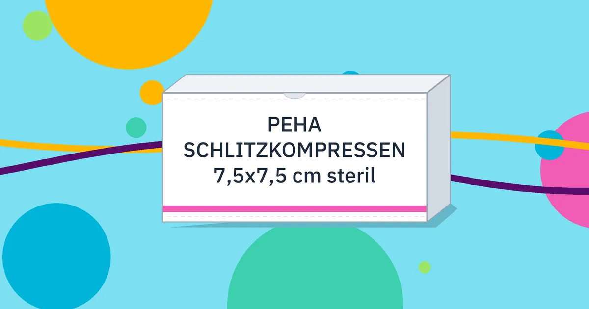 Symbolbild: Packung mit der Aufschrift PEHA SCHLITZKOMPRESSEN 7,5x7,5 cm steril (PZN 20124230) – Verfügbarkeit und Bezug in Apotheken in Frankfurt am Main