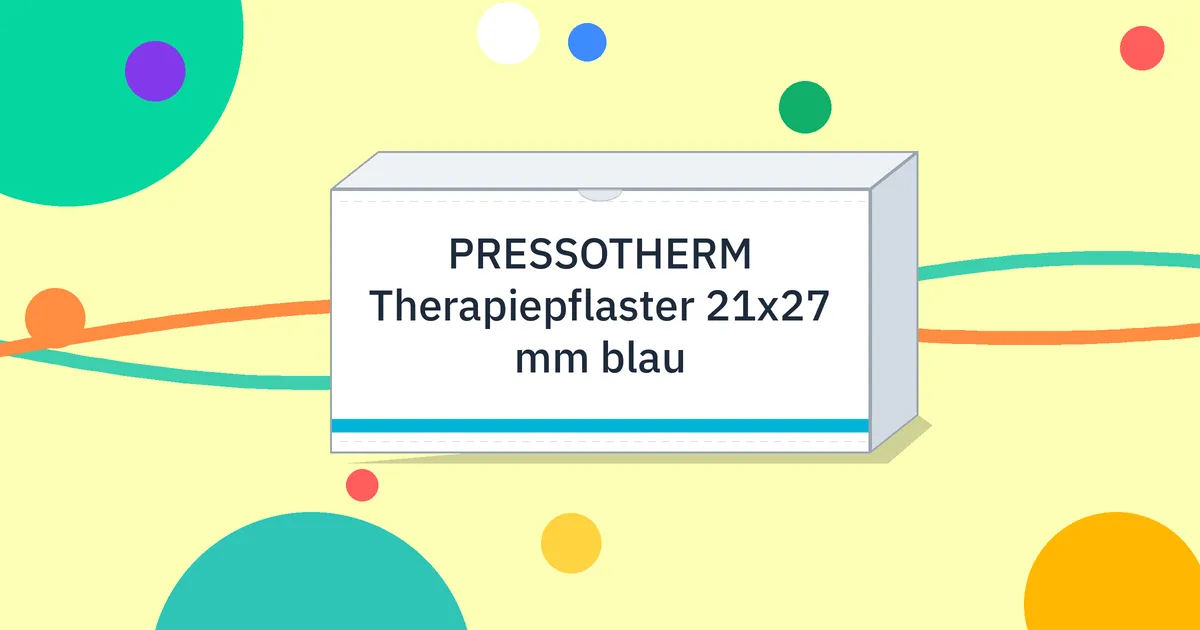 Symbolbild: Packung mit der Aufschrift PRESSOTHERM Therapiepflaster 21x27 mm blau (PZN 06579509) – Verfügbarkeit und Bezug in Apotheken in Frankfurt am Main