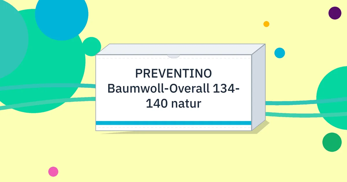 Symbolbild: Packung mit der Aufschrift PREVENTINO Baumwoll-Overall 134-140 natur (PZN 12446215) – Verfügbarkeit und Bezug in Apotheken in Frankfurt am Main
