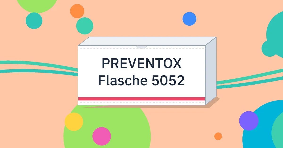 Symbolbild: Packung mit der Aufschrift PREVENTOX Flasche 5052 (PZN 07138492) – Verfügbarkeit und Bezug in Apotheken in Frankfurt am Main