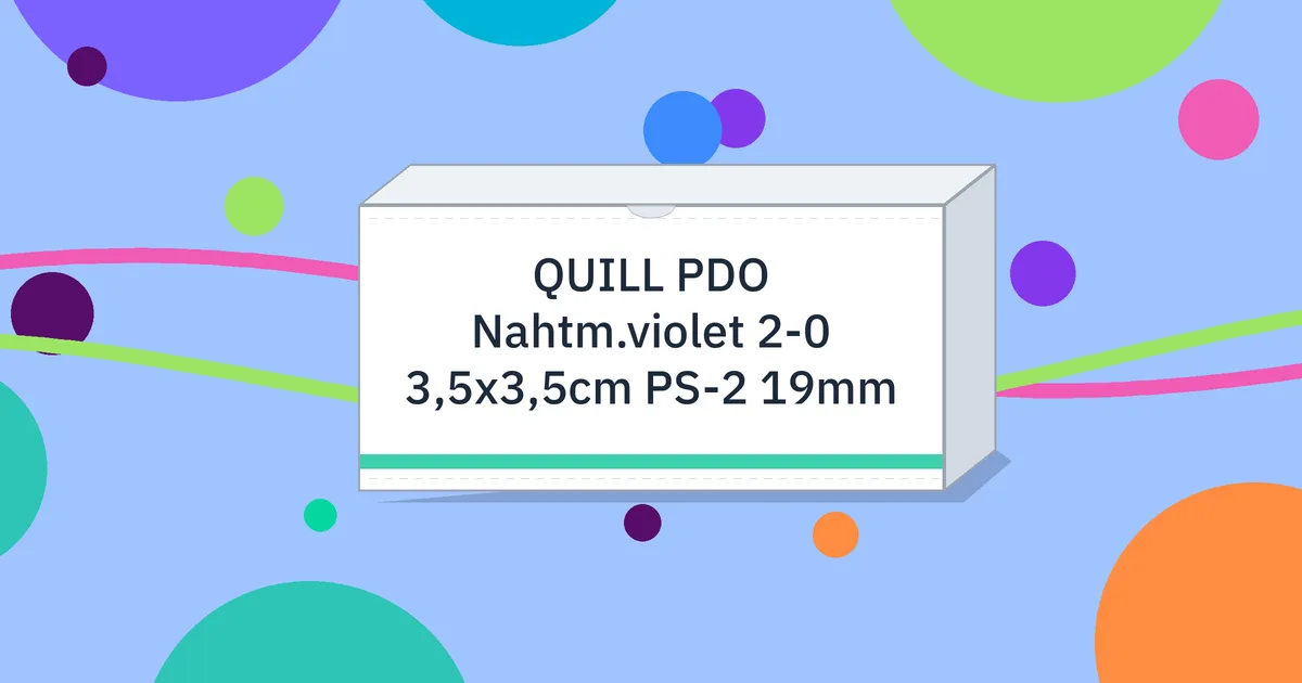 Symbolbild: Packung mit der Aufschrift QUILL PDO Nahtm.violet 2-0 3,5x3,5cm PS-2 19mm (PZN 17989274) – Verfügbarkeit und Bezug in Apotheken in Frankfurt am Main