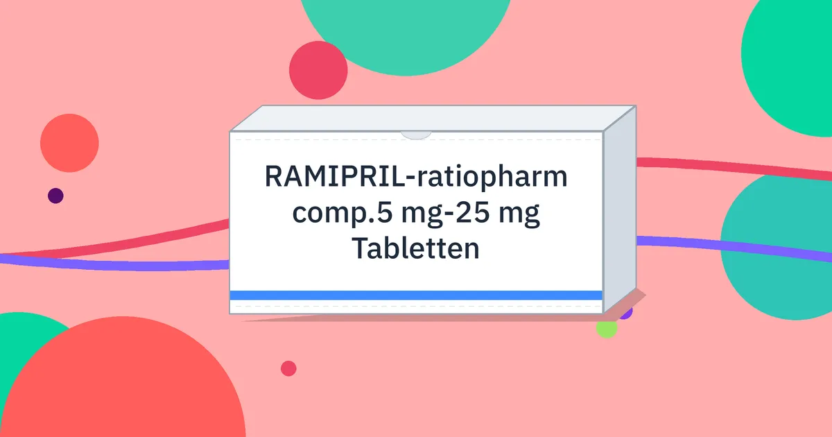 Symbolbild: Packung mit der Aufschrift RAMIPRIL-ratiopharm comp.5 mg-25 mg Tabletten (PZN 02355196) – Verfügbarkeit und Bezug in Apotheken in Frankfurt am Main