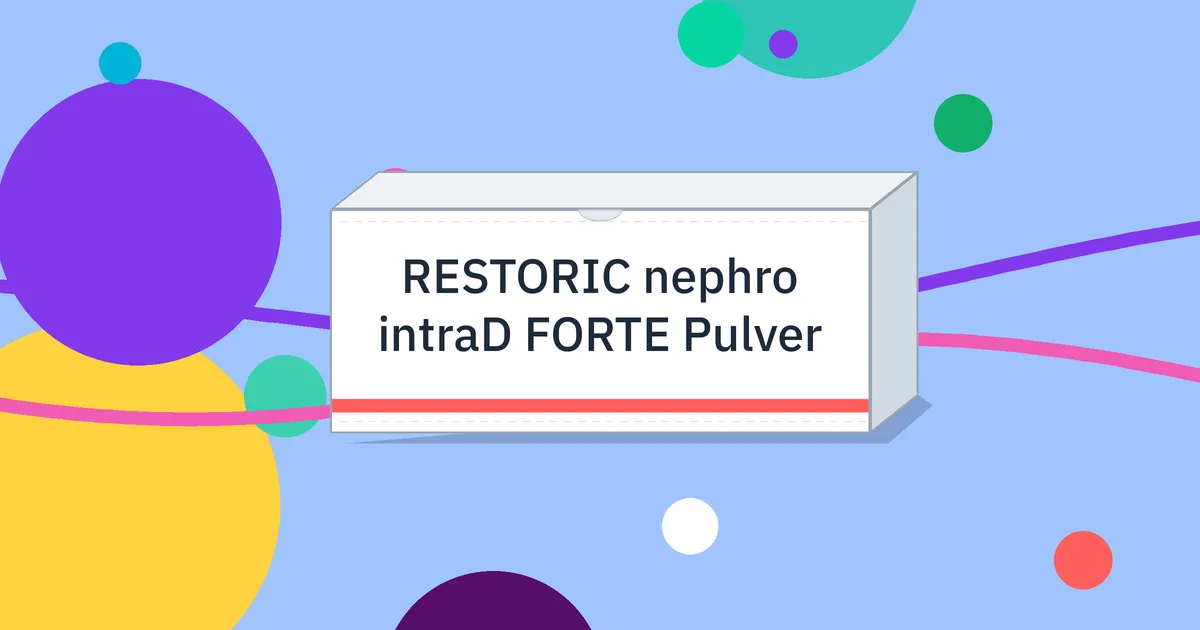 Symbolbild: Packung mit der Aufschrift RESTORIC nephro intraD FORTE Pulver (PZN 19117259) – Verfügbarkeit und Bezug in Apotheken in Frankfurt am Main
