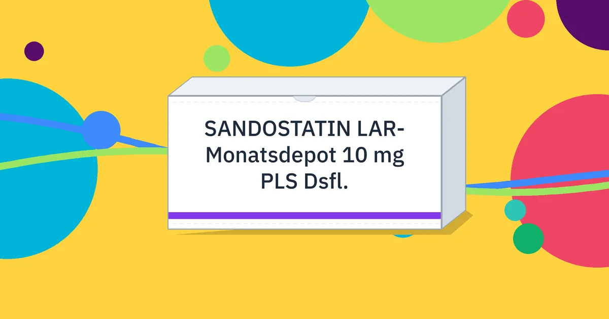 Symbolbild: Packung mit der Aufschrift SANDOSTATIN LAR-Monatsdepot 10 mg PLS Dsfl. (PZN 09067767) – Verfügbarkeit und Bezug in Apotheken in Frankfurt am Main