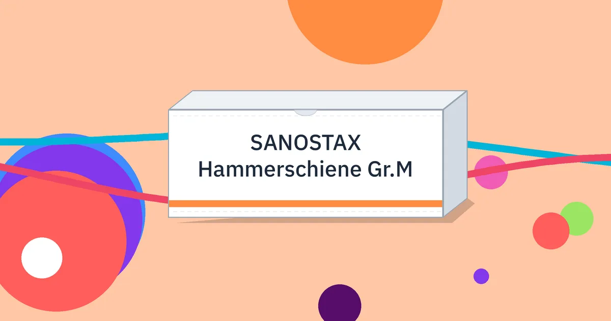 Symbolbild: Packung mit der Aufschrift SANOSTAX Hammerschiene Gr.M (PZN 10775848) – Verfügbarkeit und Bezug in Apotheken in Frankfurt am Main