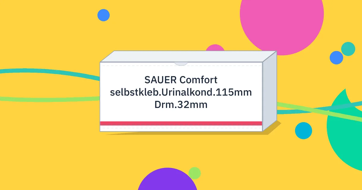 Symbolbild: Packung mit der Aufschrift SAUER Comfort selbstkleb.Urinalkond.115mm Drm.32mm (PZN 00464372) – Verfügbarkeit und Bezug in Apotheken in Frankfurt am Main