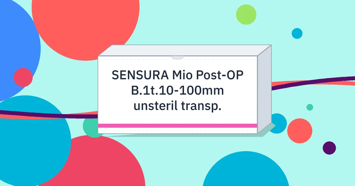 Symbolbild: Packung mit der Aufschrift SENSURA Mio Post-OP B.1t.10-100mm unsteril transp. (PZN 12727523) – Verfügbarkeit und Bezug in Apotheken in Frankfurt am Main