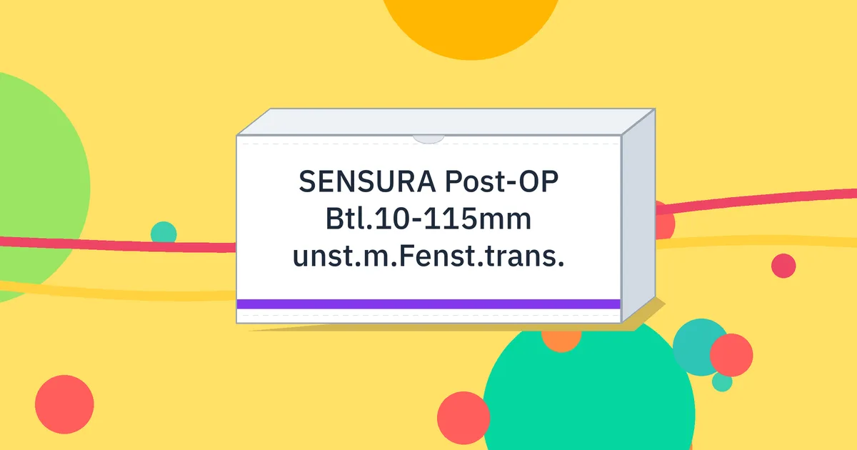 Symbolbild: Packung mit der Aufschrift SENSURA Post-OP Btl.10-115mm unst.m.Fenst.trans. (PZN 07790778) – Verfügbarkeit und Bezug in Apotheken in Frankfurt am Main
