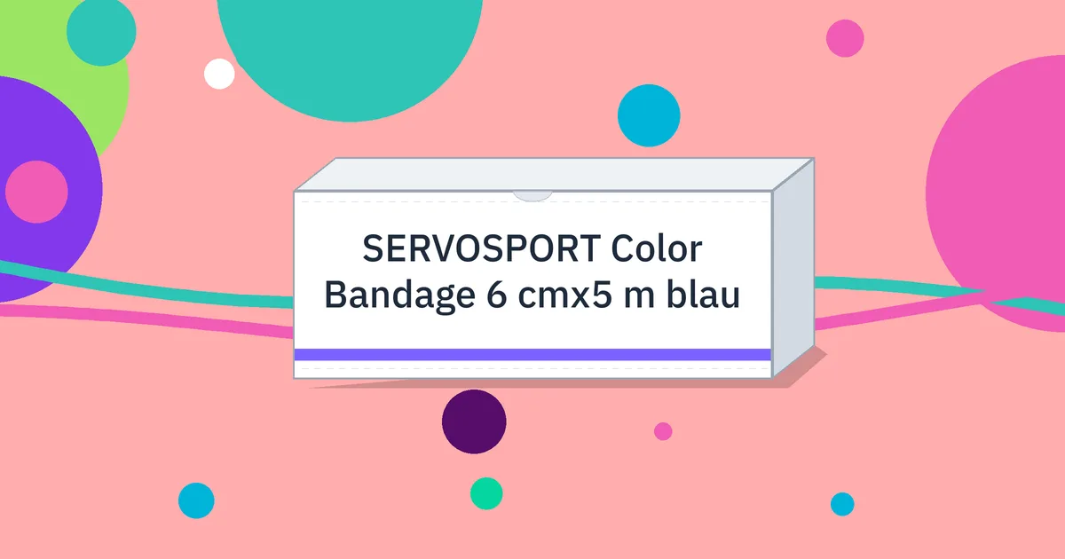 Symbolbild: Packung mit der Aufschrift SERVOSPORT Color Bandage 6 cmx5 m blau (PZN 03338679) – Verfügbarkeit und Bezug in Apotheken in Frankfurt am Main