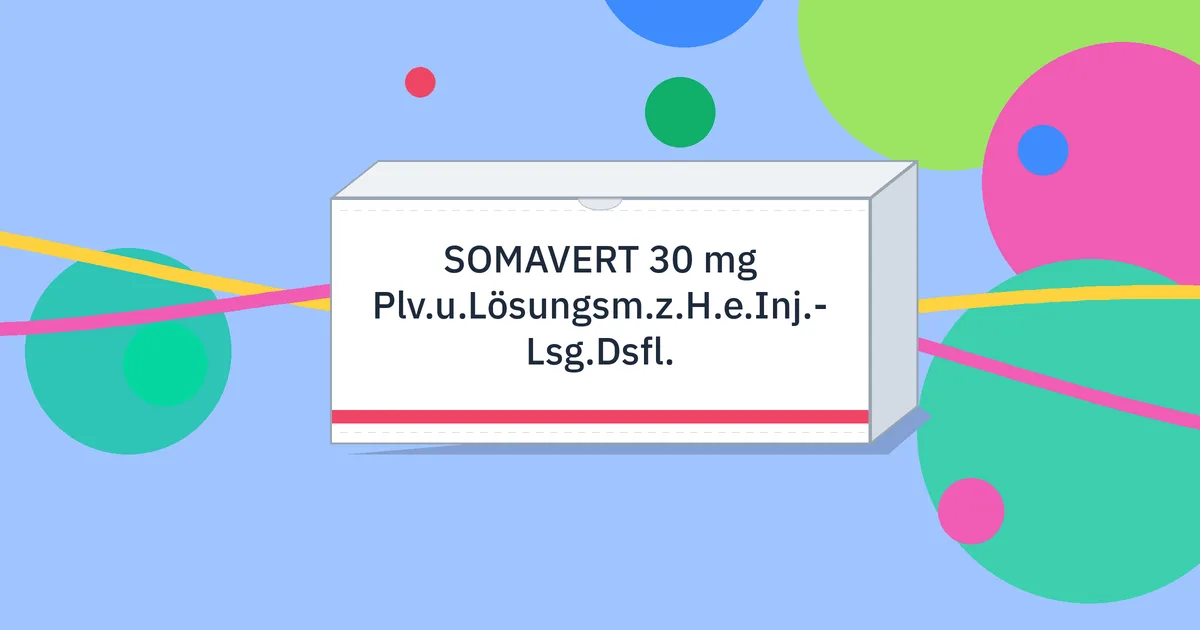 Symbolbild: Packung mit der Aufschrift SOMAVERT 30 mg Plv.u.Lösungsm.z.H.e.Inj.-Lsg.Dsfl. (PZN 16600446) – Verfügbarkeit und Bezug in Apotheken in Frankfurt am Main