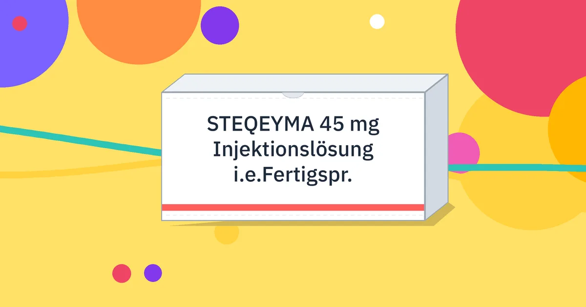 Symbolbild: Packung mit der Aufschrift STEQEYMA 45 mg Injektionslösung i.e.Fertigspr. (PZN 19851031) – Verfügbarkeit und Bezug in Apotheken in Frankfurt am Main