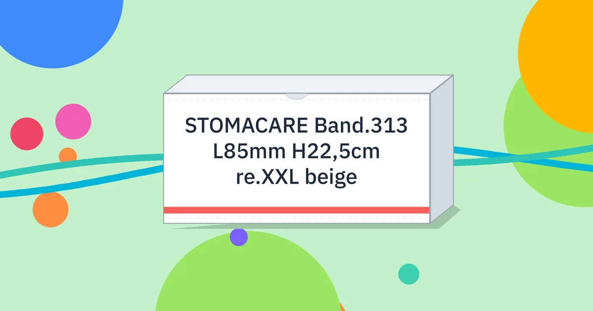 Symbolbild: Packung mit der Aufschrift STOMACARE Band.313 L85mm H22,5cm re.XXL beige (PZN 10840853) – Verfügbarkeit und Bezug in Apotheken in Frankfurt am Main