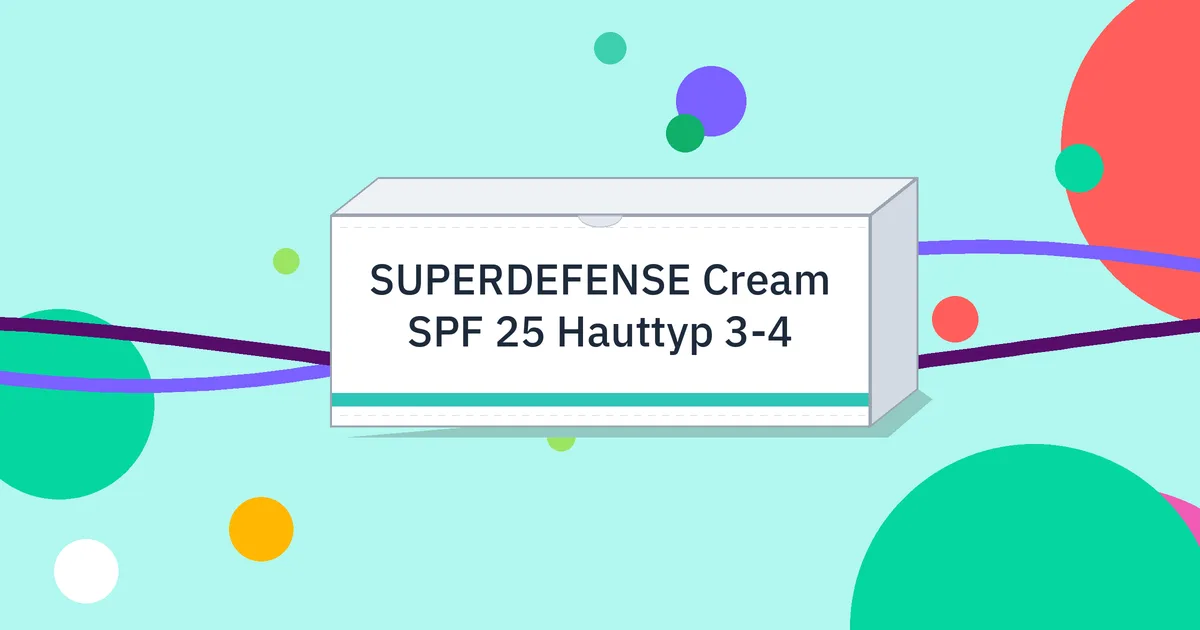 Symbolbild: Packung mit der Aufschrift SUPERDEFENSE Cream SPF 25 Hauttyp 3-4 (PZN 18894185) – Verfügbarkeit und Bezug in Apotheken in Frankfurt am Main