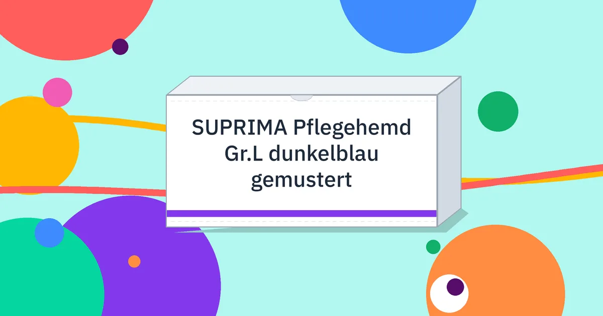 Symbolbild: Packung mit der Aufschrift SUPRIMA Pflegehemd Gr.L dunkelblau gemustert (PZN 03437743) – Verfügbarkeit und Bezug in Apotheken in Frankfurt am Main
