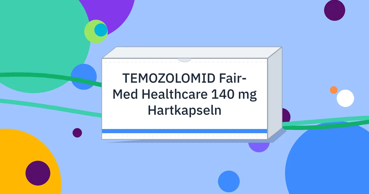 Symbolbild: Packung mit der Aufschrift TEMOZOLOMID Fair-Med Healthcare 140 mg Hartkapseln (PZN 10097495) – Verfügbarkeit und Bezug in Apotheken in Frankfurt am Main