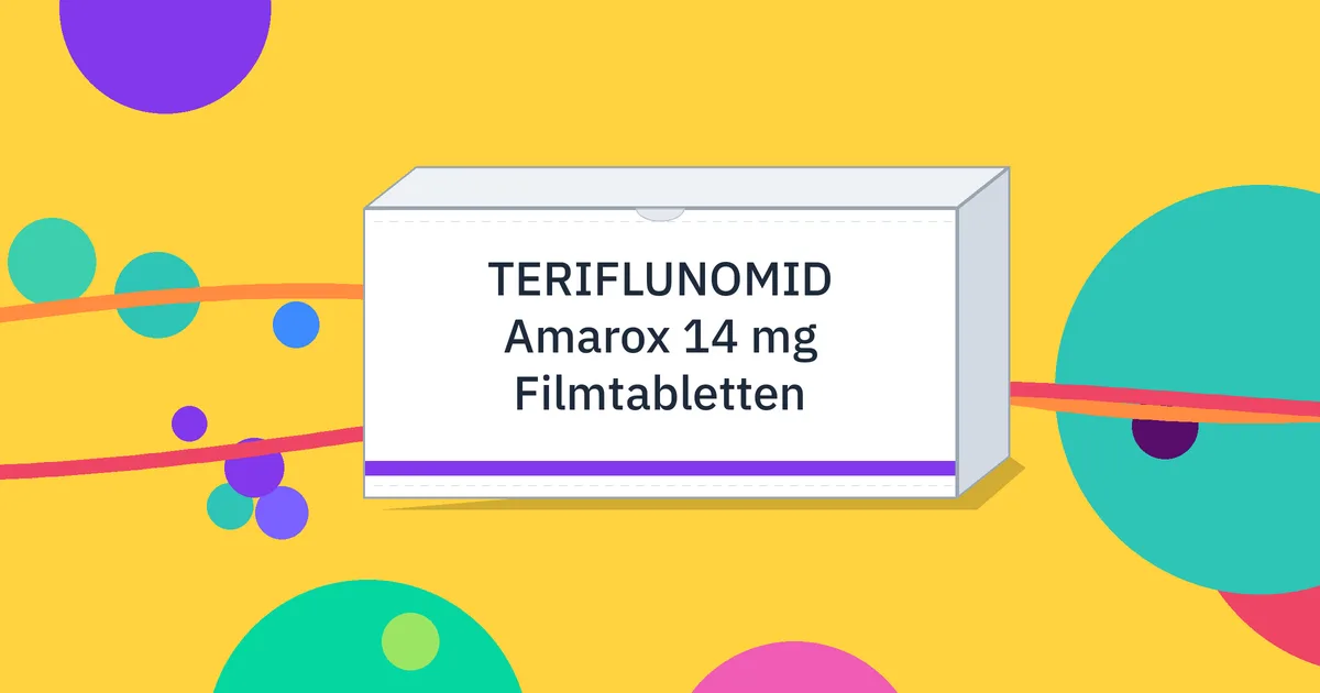 Symbolbild: Packung mit der Aufschrift TERIFLUNOMID Amarox 14 mg Filmtabletten (PZN 19170584) – Verfügbarkeit und Bezug in Apotheken in Frankfurt am Main