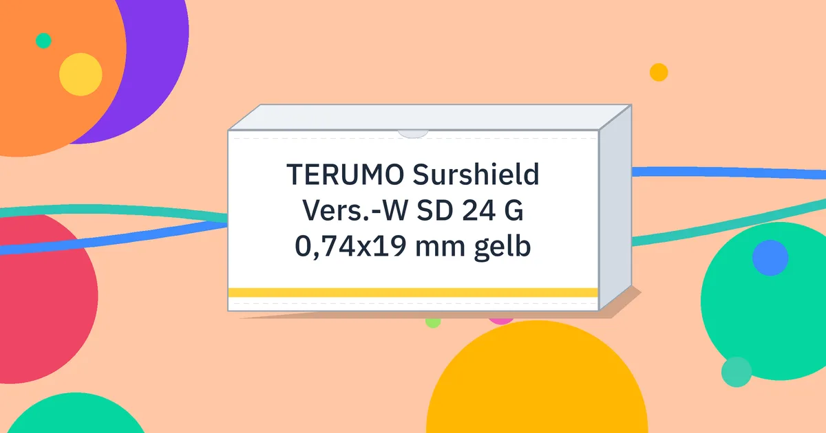 Symbolbild: Packung mit der Aufschrift TERUMO Surshield Vers.-W SD 24 G 0,74x19 mm gelb (PZN 17630662) – Verfügbarkeit und Bezug in Apotheken in Frankfurt am Main