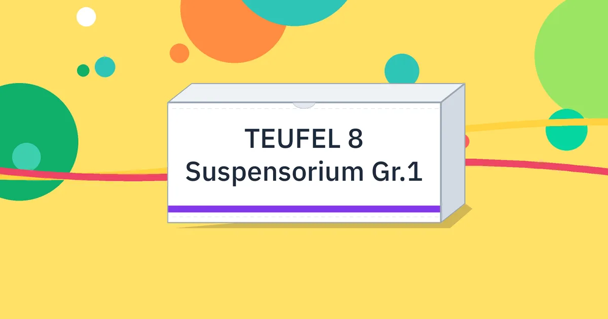 Symbolbild: Packung mit der Aufschrift TEUFEL 8 Suspensorium Gr.1 (PZN 02299316) – Verfügbarkeit und Bezug in Apotheken in Frankfurt am Main