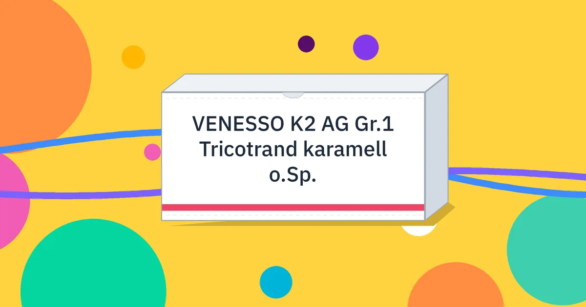 Symbolbild: Packung mit der Aufschrift VENESSO K2 AG Gr.1 Tricotrand karamell o.Sp. (PZN 13763024) – Verfügbarkeit und Bezug in Apotheken in Frankfurt am Main