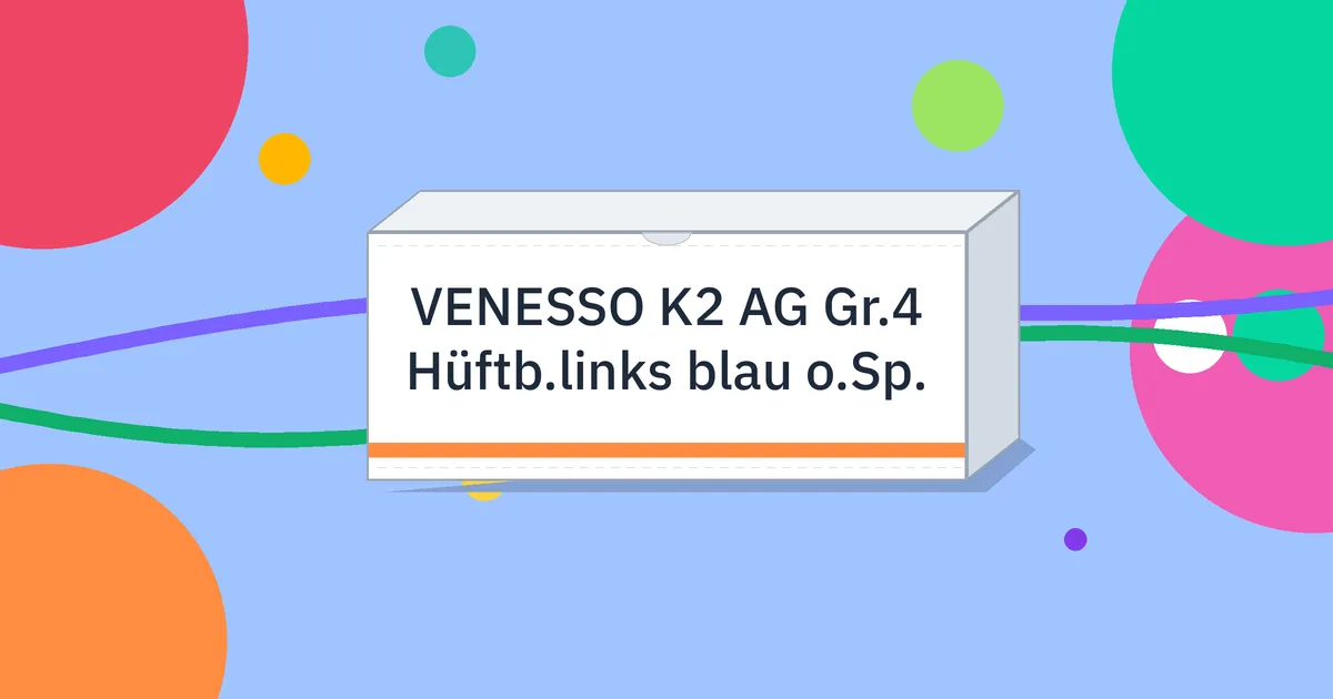 Symbolbild: Packung mit der Aufschrift VENESSO K2 AG Gr.4 Hüftb.links blau o.Sp. (PZN 03269607) – Verfügbarkeit und Bezug in Apotheken in Frankfurt am Main