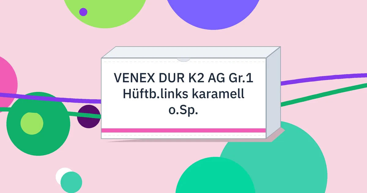 Symbolbild: Packung mit der Aufschrift VENEX DUR K2 AG Gr.1 Hüftb.links karamell o.Sp. (PZN 13761404) – Verfügbarkeit und Bezug in Apotheken in Frankfurt am Main