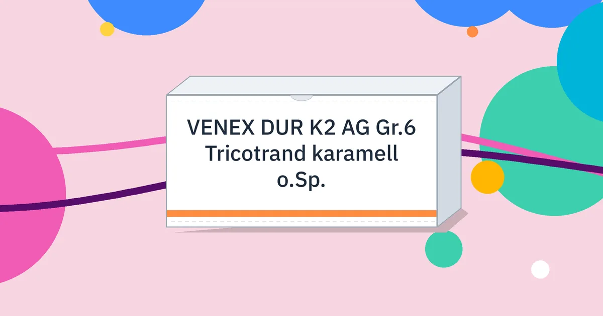 Symbolbild: Packung mit der Aufschrift VENEX DUR K2 AG Gr.6 Tricotrand karamell o.Sp. (PZN 13762929) – Verfügbarkeit und Bezug in Apotheken in Frankfurt am Main