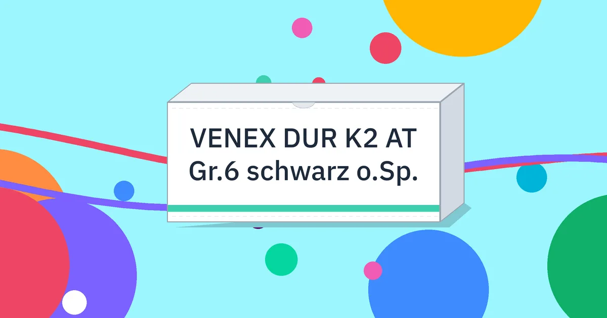 Symbolbild: Packung mit der Aufschrift VENEX DUR K2 AT Gr.6 schwarz o.Sp. (PZN 03225018) – Verfügbarkeit und Bezug in Apotheken in Frankfurt am Main