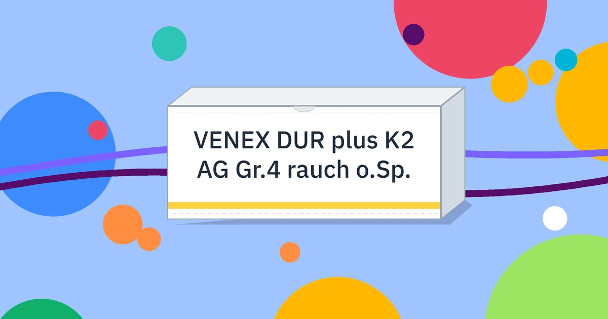 Symbolbild: Packung mit der Aufschrift VENEX DUR plus K2 AG Gr.4 rauch o.Sp. (PZN 03235726) – Verfügbarkeit und Bezug in Apotheken in Frankfurt am Main