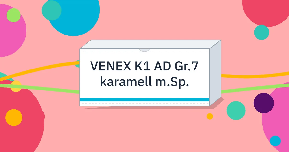 Symbolbild: Packung mit der Aufschrift VENEX K1 AD Gr.7 karamell m.Sp. (PZN 13757213) – Verfügbarkeit und Bezug in Apotheken in Frankfurt am Main