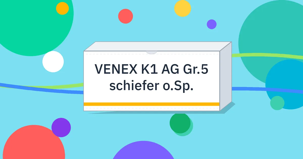 Symbolbild: Packung mit der Aufschrift VENEX K1 AG Gr.5 schiefer o.Sp. (PZN 03189481) – Verfügbarkeit und Bezug in Apotheken in Frankfurt am Main