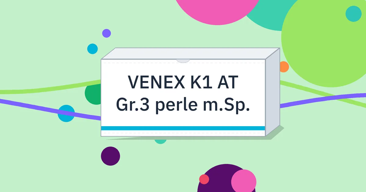 Symbolbild: Packung mit der Aufschrift VENEX K1 AT Gr.3 perle m.Sp. (PZN 03195122) – Verfügbarkeit und Bezug in Apotheken in Frankfurt am Main