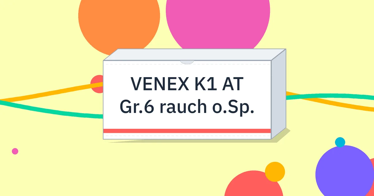 Symbolbild: Packung mit der Aufschrift VENEX K1 AT Gr.6 rauch o.Sp. (PZN 03197463) – Verfügbarkeit und Bezug in Apotheken in Frankfurt am Main