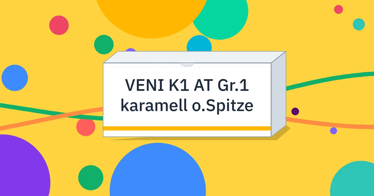 Symbolbild: Packung mit der Aufschrift VENI K1 AT Gr.1 karamell o.Spitze (PZN 13756863) – Verfügbarkeit und Bezug in Apotheken in Frankfurt am Main