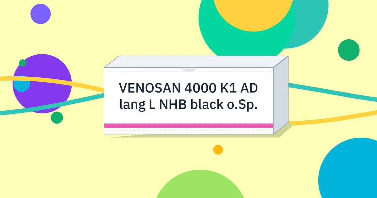 Symbolbild: Packung mit der Aufschrift VENOSAN 4000 K1 AD lang L NHB black o.Sp. (PZN 14426487) – Verfügbarkeit und Bezug in Apotheken in Frankfurt am Main